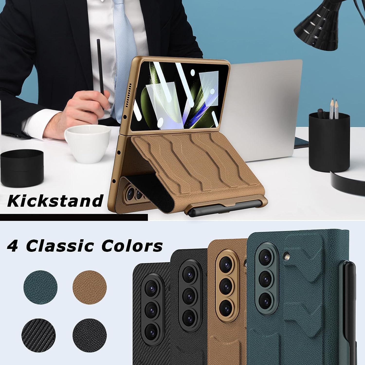 EKSED Leather Case for Samsung Galaxy Z Fold 5 Stand Case with Card Slot & Screen Protector,360° Full Body Hinge Protection Leather Cover Wallet Case for Galaxy Z Fold 5 5G Phone Case Brown
