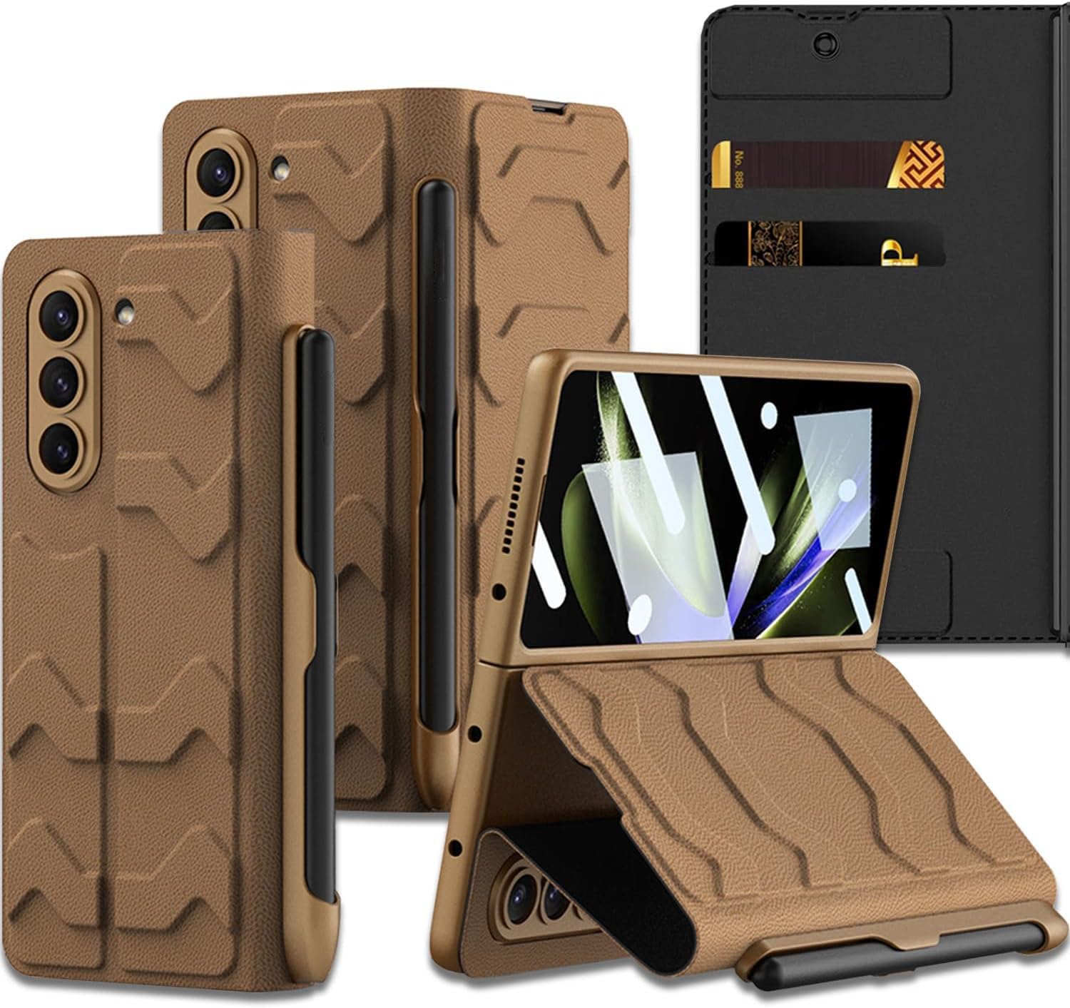 EKSED Leather Case for Samsung Galaxy Z Fold 5 Stand Case with Card Slot & Screen Protector,360° Full Body Hinge Protection Leather Cover Wallet Case for Galaxy Z Fold 5 5G Phone Case Brown