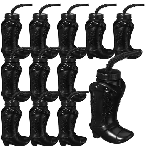 Hoolerry 12 Pcs 10 oz Plastic Cowboy Boot Cups with Straws and Lids Plastic Cowboy Cups for Western Themed Party Supplies and Rodeo Party Decorations (Black)