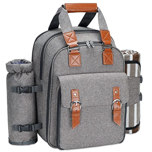 Picnic Backpack for 4 Person with Blanket, Picnic Bag Set with Cooler Compartment, Insulated Waterproof Pouch, Detachable Bottle/Wine Holder for Family Outdoor Camping, Beach, Day Travel, Hiking, BBQs