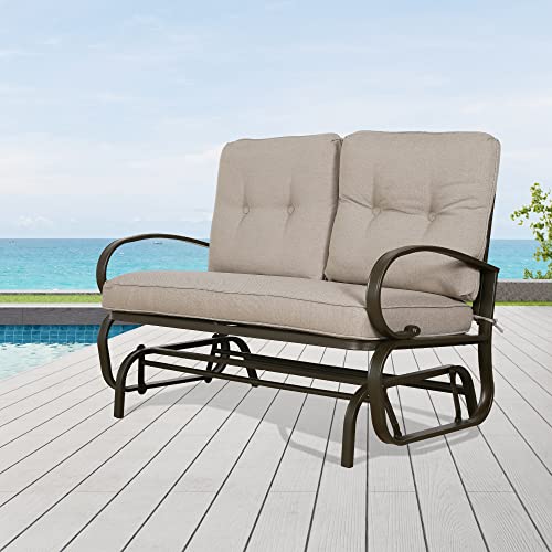 PATIO TREE 2-Seat Outdoor Swing Glider Bench, Rocking Patio Glider Loveseat Chair with Cushions, Beige