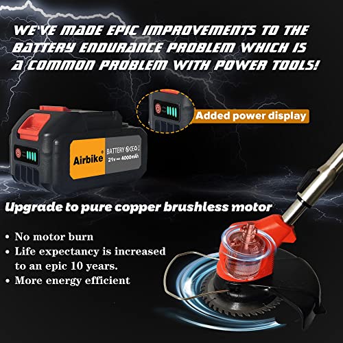 Airbike Brush Cutter Weed Wacker Weed Eater Edger Lawn Tool (Upgraded Version), Multi-Purpose, Lightweight, for Lawn, Yard, Garden, Shrub Trimming and Pruning (Red Blade Trimmer + 2 Batteries)