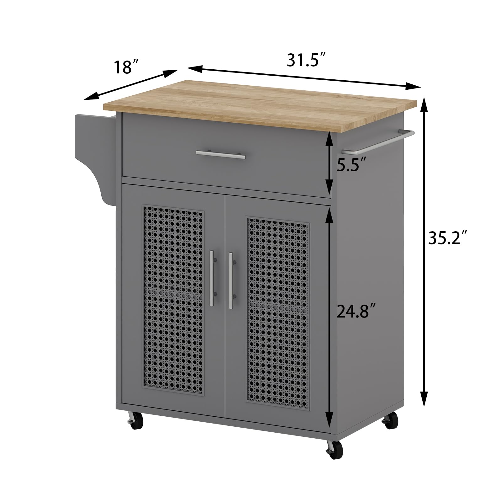 Tornama Kitchen Island with Storage, Rolling Kitchen Island on Wheels with Solid Wood Countertop, White Kitchen Island Cart with Rattan Storage Cabinet, Spice Rack, Towel Rack and Drawers