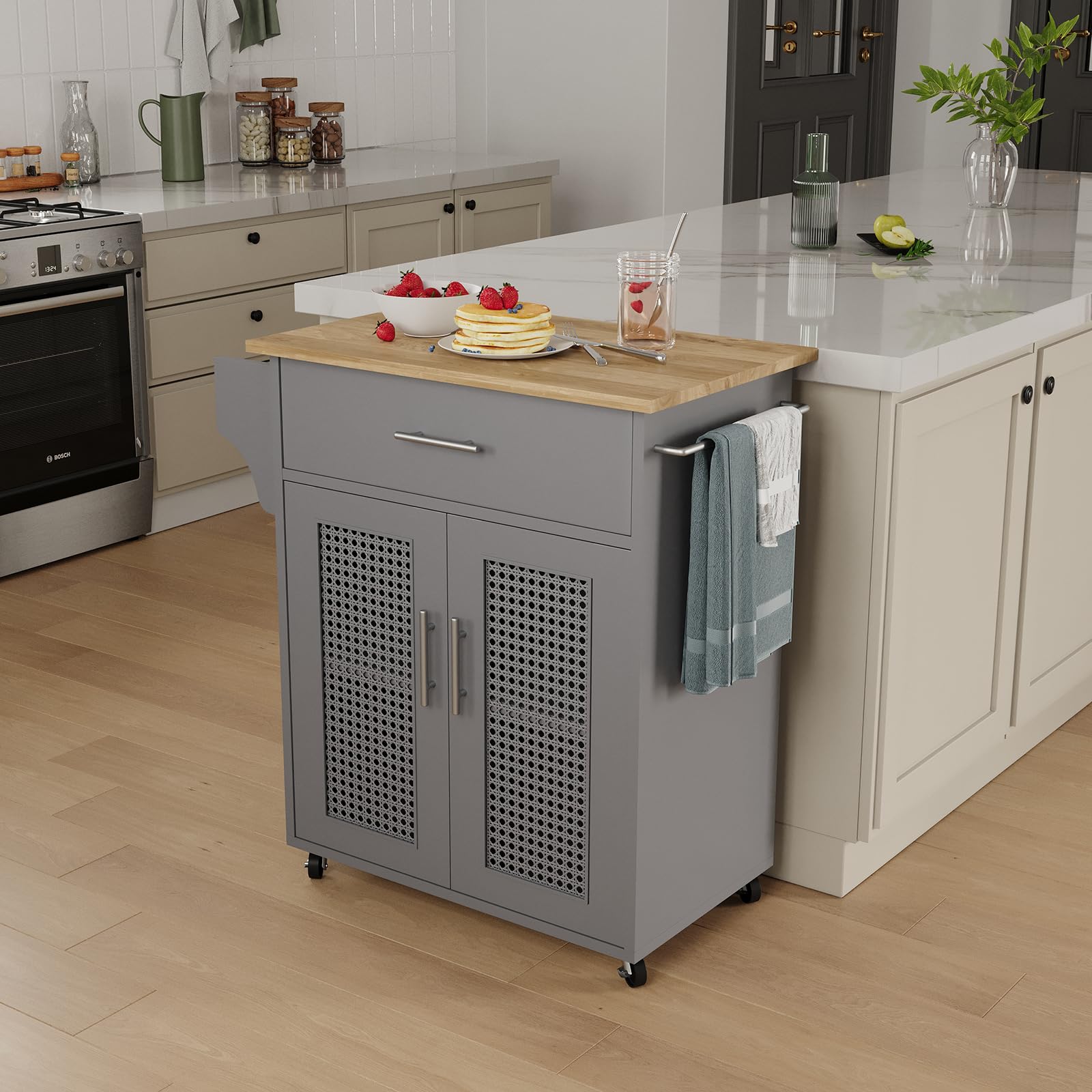 Tornama Kitchen Island with Storage, Rolling Kitchen Island on Wheels with Solid Wood Countertop, White Kitchen Island Cart with Rattan Storage Cabinet, Spice Rack, Towel Rack and Drawers