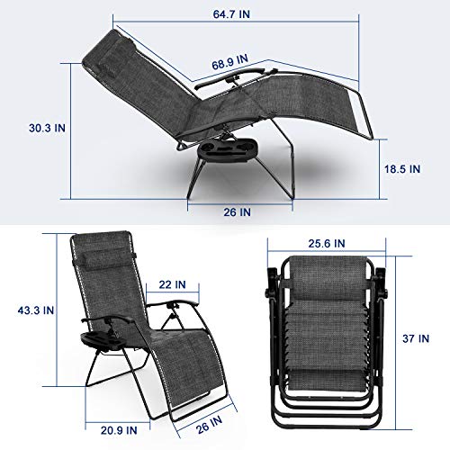 Keten Zero Gravity Chair, Patio Folding Lounge Chair Recliners, Adjustable Lawn Lounge Chair with Pillows Replacement Cords Cup Holders for Backyard Poolside Beach Set of 2(Black)