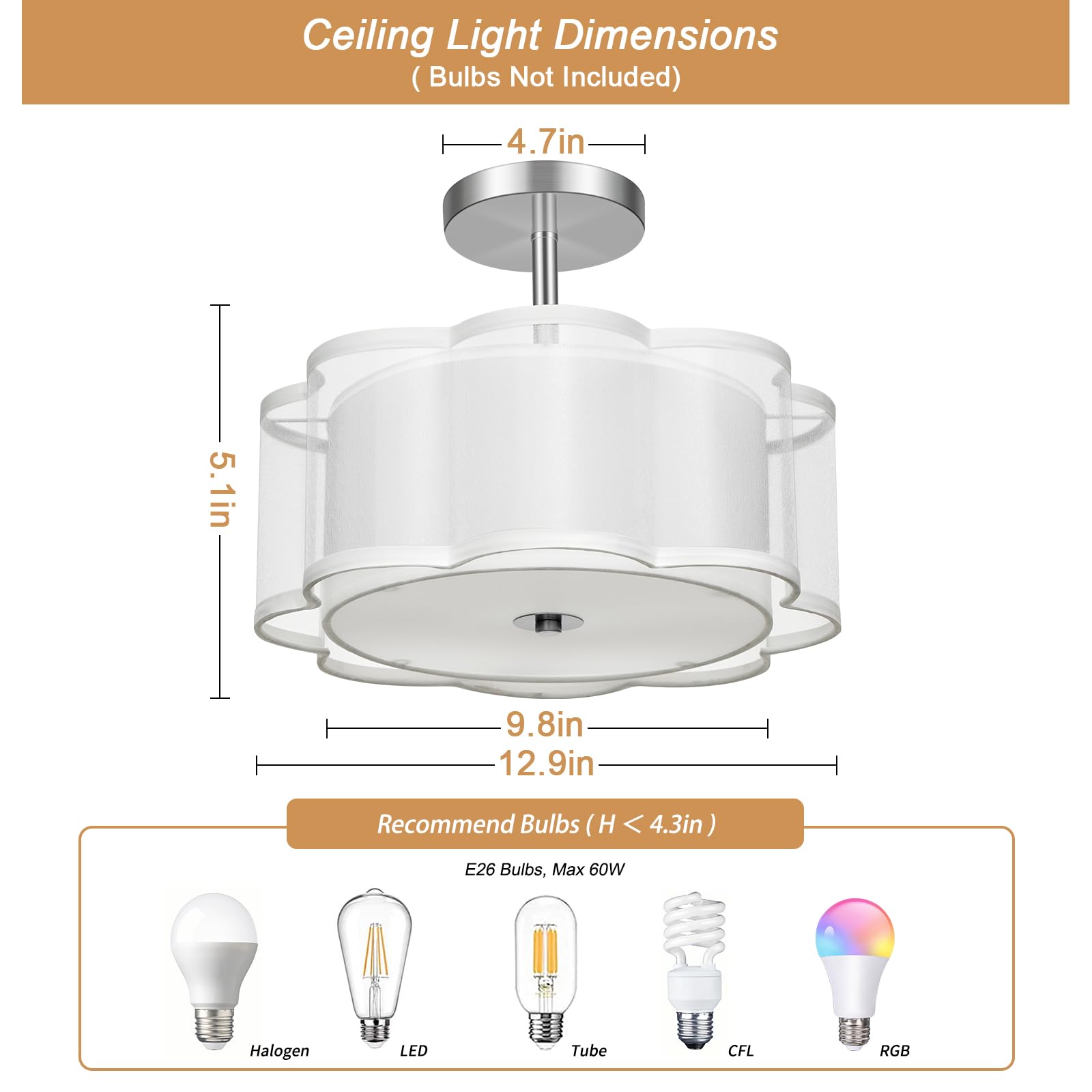 FRIDEKO HOME 3-Light Semi Flush Mount Ceiling Light Fixture Bedroom Light Fixtures with Double Fabric Shade Modern Close to Ceiling Lamps for Living Room Dining Room Kitchen Hallway Entry Foyer