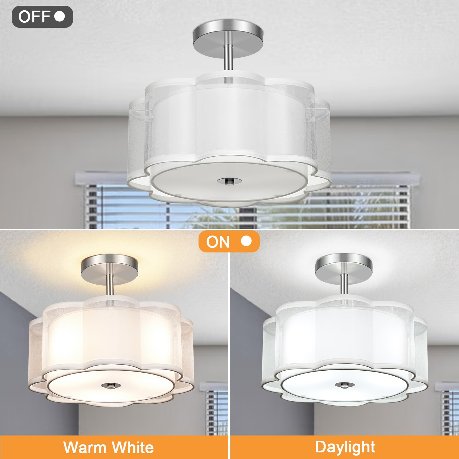 FRIDEKO HOME 3-Light Semi Flush Mount Ceiling Light Fixture Bedroom Light Fixtures with Double Fabric Shade Modern Close to Ceiling Lamps for Living Room Dining Room Kitchen Hallway Entry Foyer