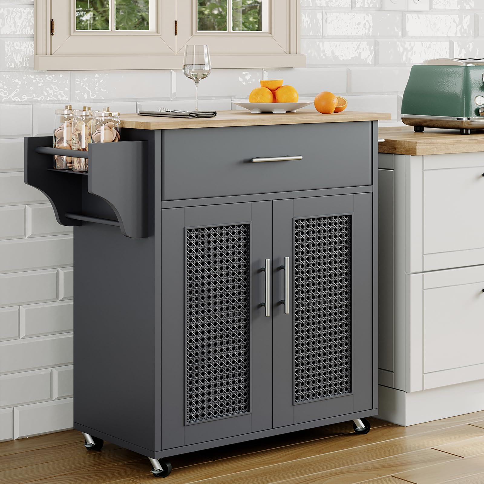 Tornama Kitchen Island with Storage, Rolling Kitchen Island on Wheels with Solid Wood Countertop, White Kitchen Island Cart with Rattan Storage Cabinet, Spice Rack, Towel Rack and Drawers