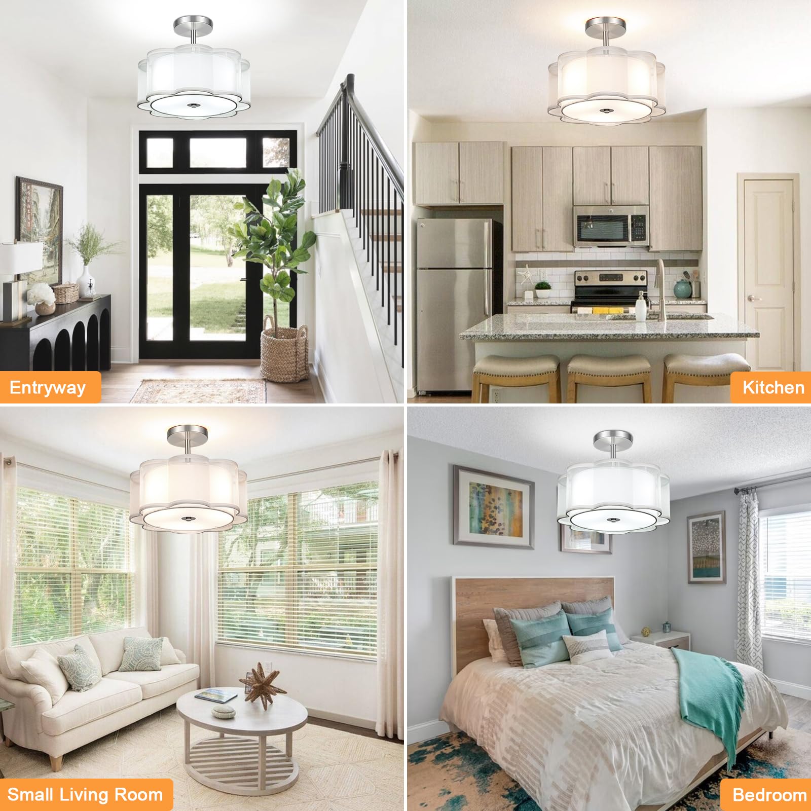 FRIDEKO HOME 3-Light Semi Flush Mount Ceiling Light Fixture Bedroom Light Fixtures with Double Fabric Shade Modern Close to Ceiling Lamps for Living Room Dining Room Kitchen Hallway Entry Foyer