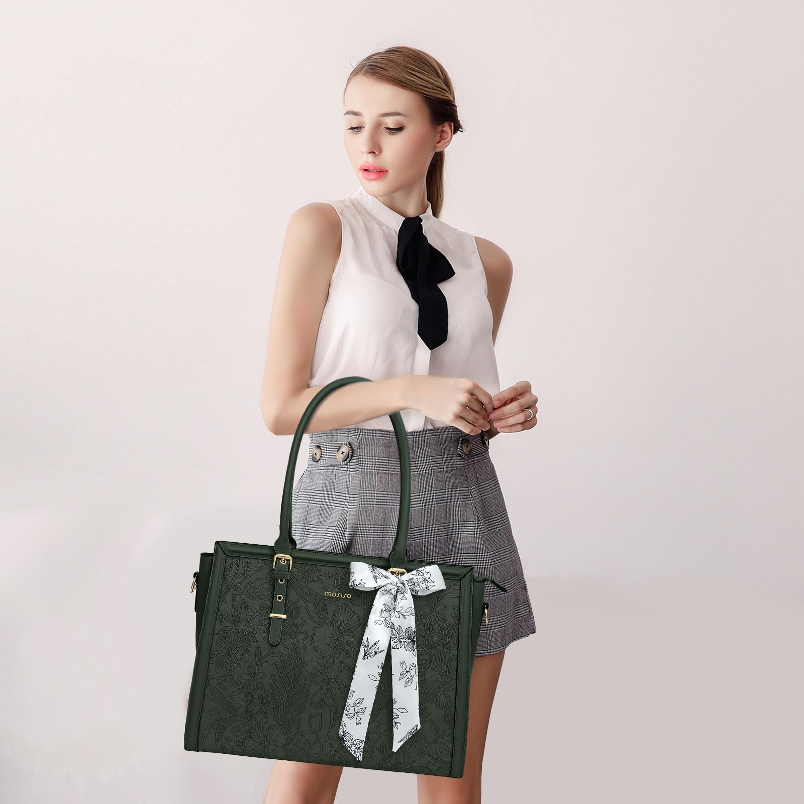 MOSISO Laptop Tote Bag for Women, 15.6-16 inch PU Leather Compatible with MacBook, HP, Dell, Asus Notebook, Front Embossed Retro Hibiscus Computer Bag with Silk Scarf & Clutch Purse, Emerald Green