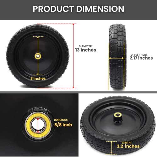 (4-Pack) 13ββ Tire for Gorilla Cart - Solid Polyurethane Flat-Free Tire and Wheel Assemblies - 3.15β Wide Tires with 5/8 Axle Borehole and 2.1β Hub