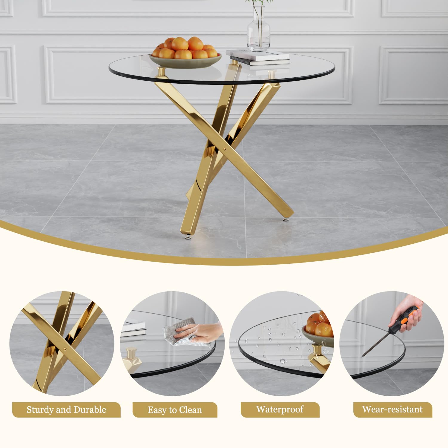 Modern Dining Table Set for 4, 5 PCS 39 Inch Round Tempered Glass Table with PU Leather Chairs for Small Living Room, Dining Room, Kitchen, Black with Gold Base
