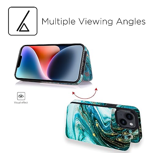 uCOLOR Compatible with iPhone 14/15 Plus 6.7" Wallet Case with Card Holder Slots Folio Flip PU Leather Kickstand Magnetic Clasp and RFID Blocking Cover (Blue Marble)