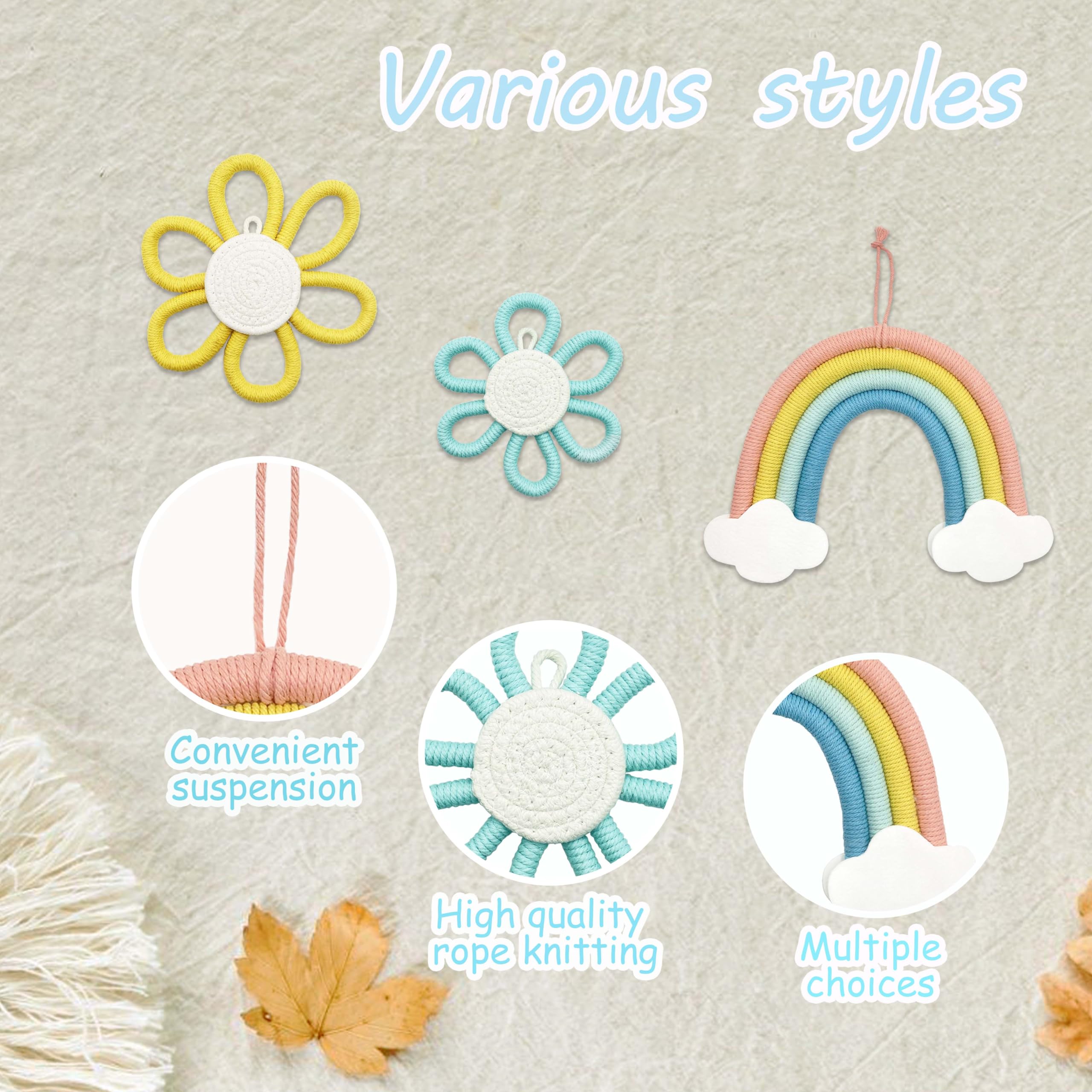 Boho Nursery Decor for Girl Woven Daisy Flower Decor Rainbow Macrame Wall Hanging Baby Girls Kids Nursery Home Bedroom Room Dorm Decor,3PCS