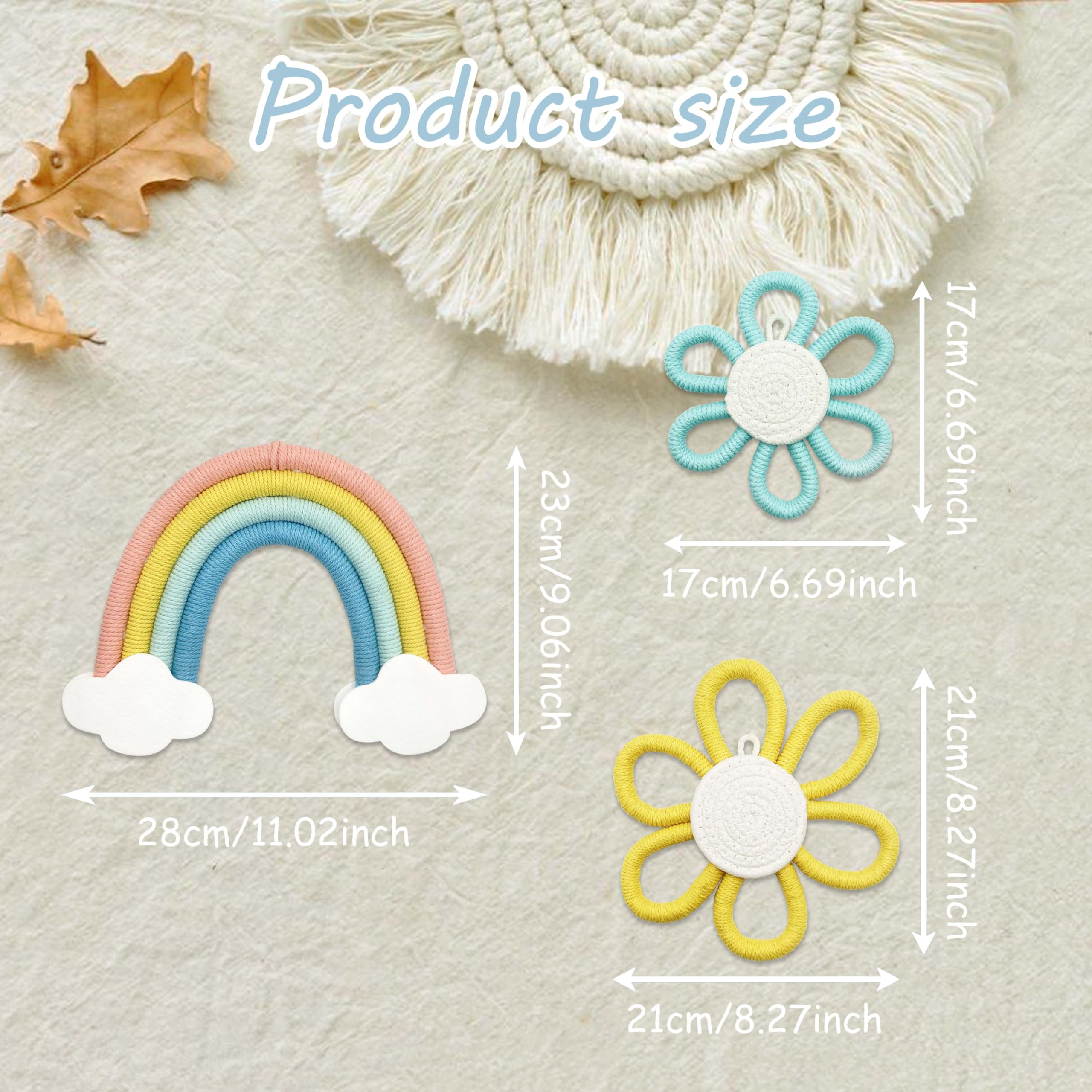 Boho Nursery Decor for Girl Woven Daisy Flower Decor Rainbow Macrame Wall Hanging Baby Girls Kids Nursery Home Bedroom Room Dorm Decor,3PCS