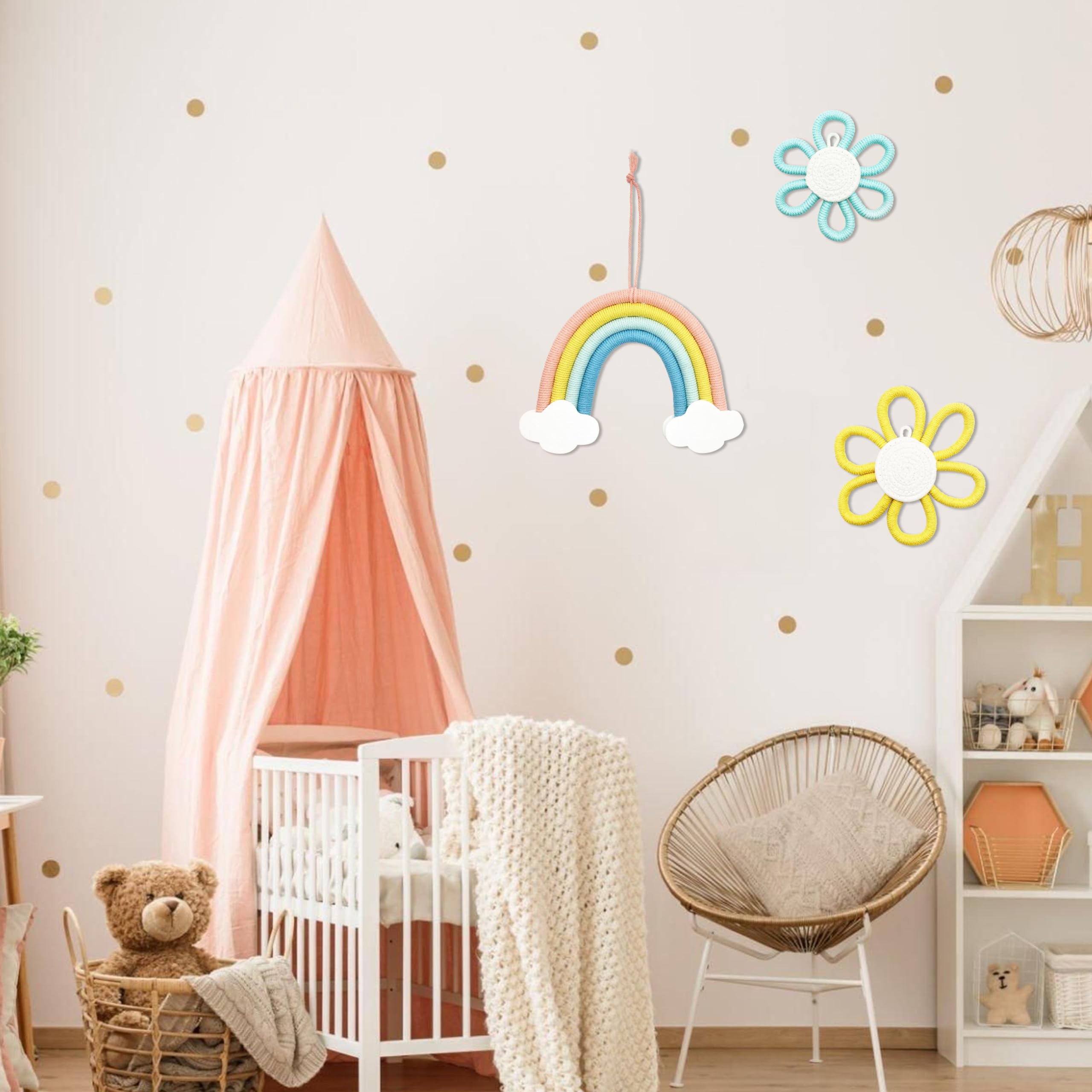 Boho Nursery Decor for Girl Woven Daisy Flower Decor Rainbow Macrame Wall Hanging Baby Girls Kids Nursery Home Bedroom Room Dorm Decor,3PCS