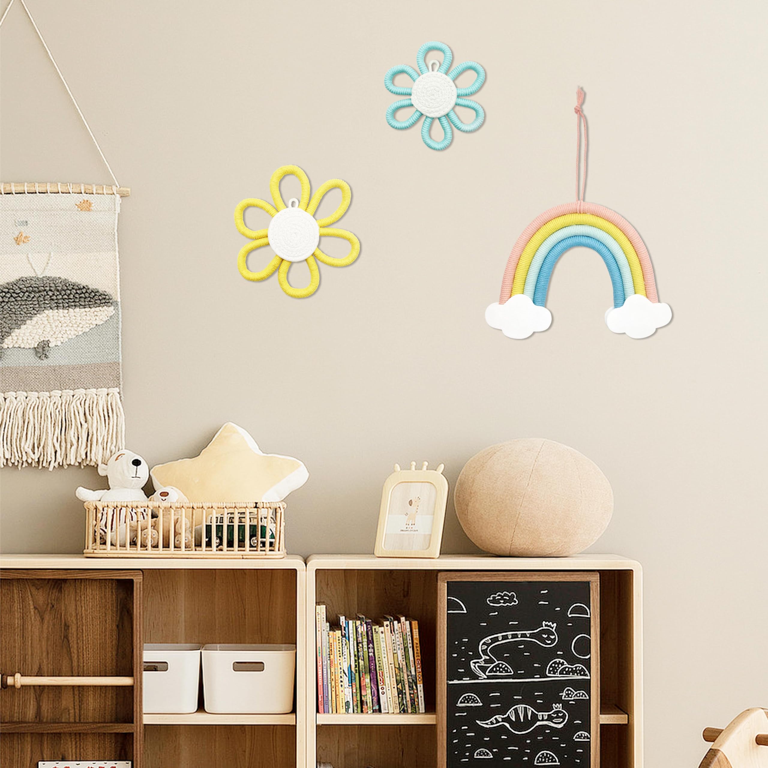 Boho Nursery Decor for Girl Woven Daisy Flower Decor Rainbow Macrame Wall Hanging Baby Girls Kids Nursery Home Bedroom Room Dorm Decor,3PCS