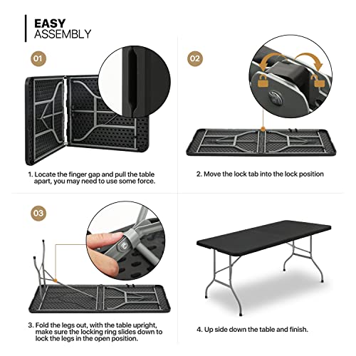 MoNiBloom 6Ft Heavy Duty Plastic Folding Table, Indoor Outdoor Portable Picnic Camp Desk w/Handle and Lock for Camping, Dining, Party, Black