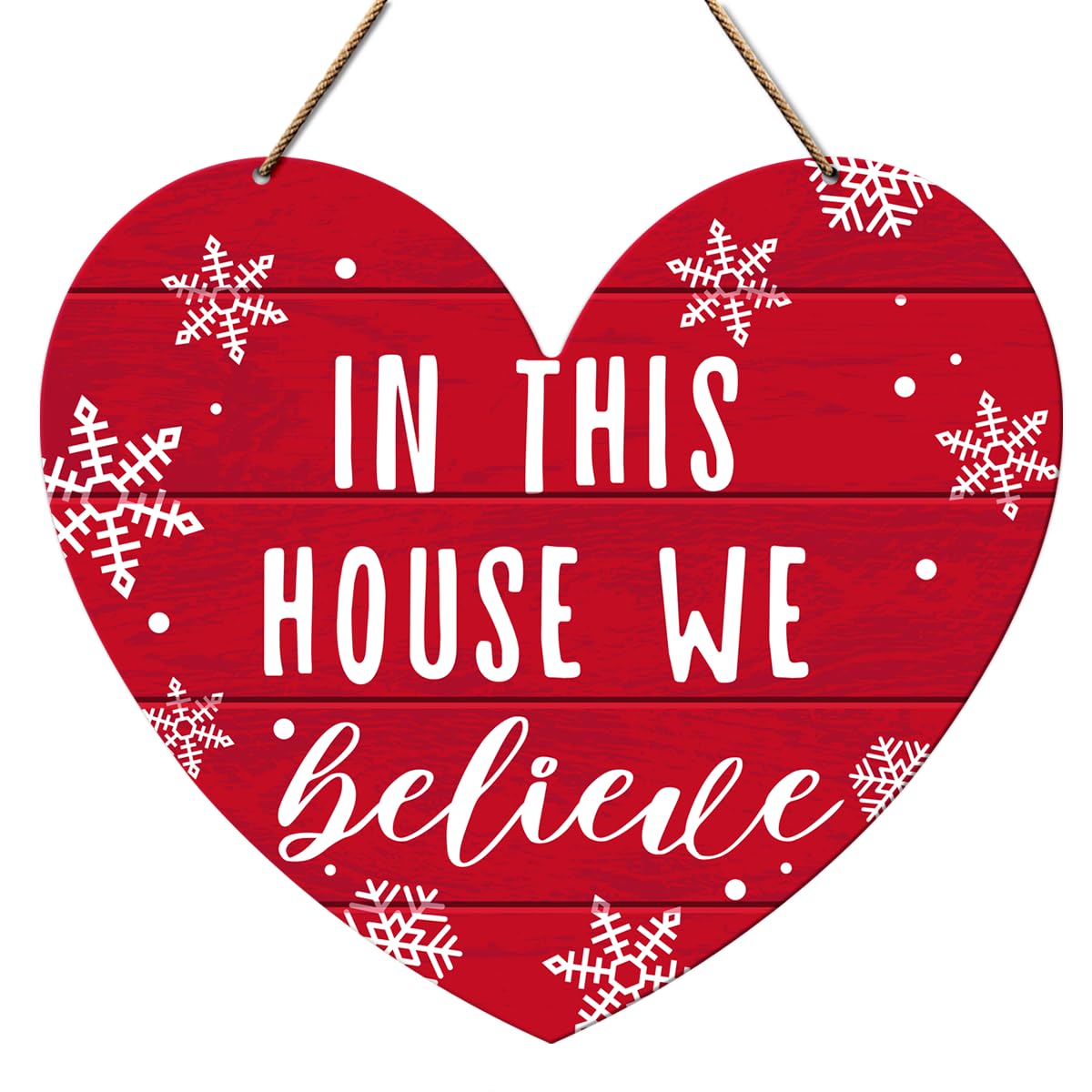 Christmas Wall Door Sign Decor, Christmas Snowflake Decoration for Home Porch Front Door Living Room Kitchen Xmas Winter Holidays Wood Plaque Hanging Wall Decor Sign, in This House We Believe