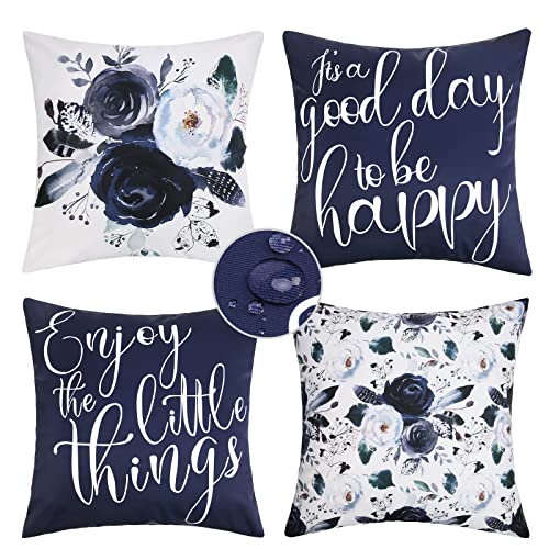 Merrycolor Set of 4 Outdoor/Indoor Pillow Covers 18x18 Waterproof Navy Blue and White Floral Decorative Pillow Covers Outdoor Pillows for Patio Furniture