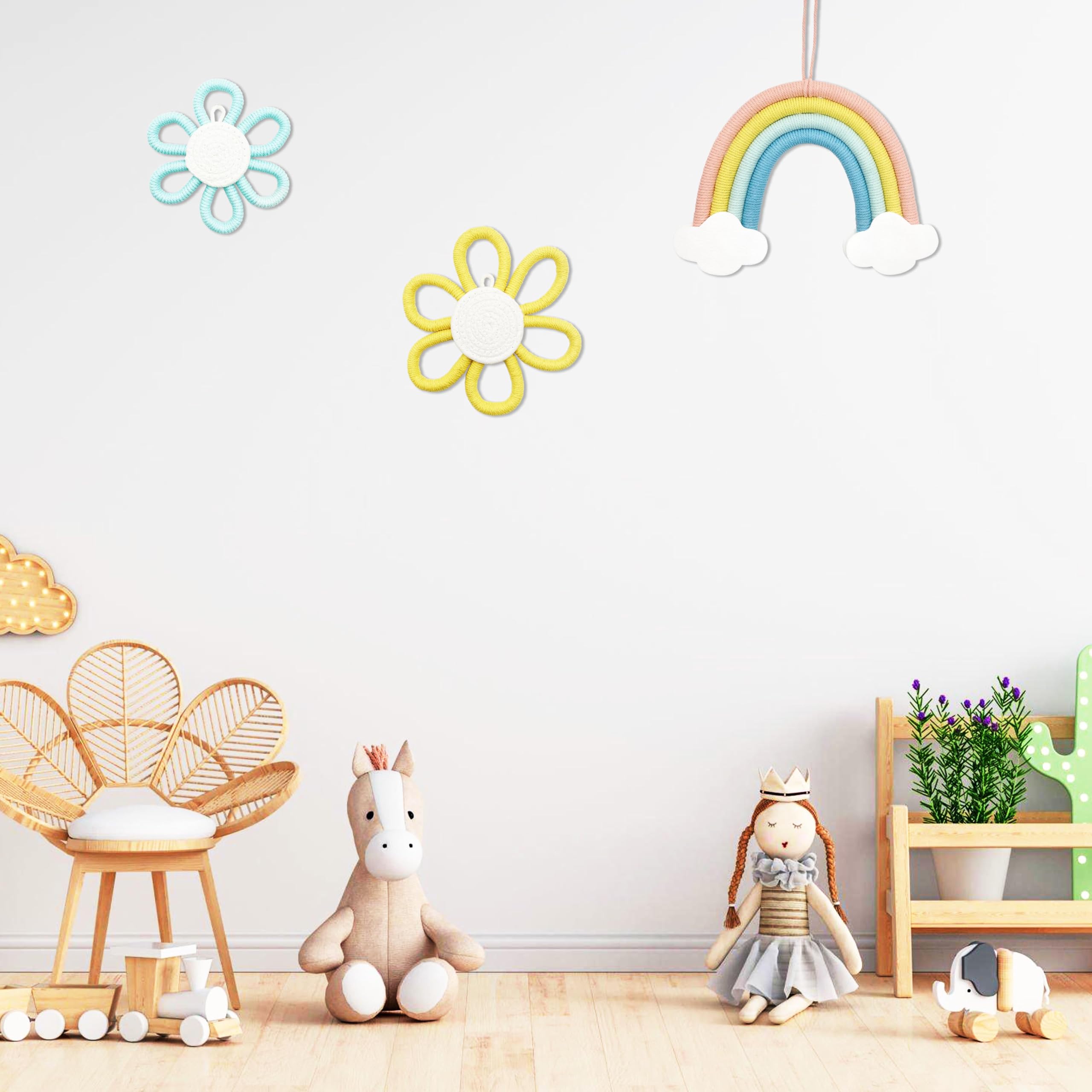 Boho Nursery Decor for Girl Woven Daisy Flower Decor Rainbow Macrame Wall Hanging Baby Girls Kids Nursery Home Bedroom Room Dorm Decor,3PCS