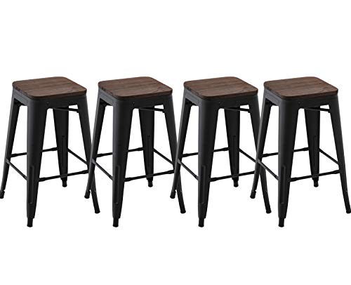 Kmax Industrial Metal Bar Stools Set - Counter Height Bar Stools Chairs Wood Seat Without Backrest Indoor Outdoor, 26", Set of 4, Black