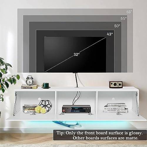 HOMMPA Floating TV Stand with Led Light for 63 Inch TVs Wall Mounted Led Entertainment Center with High Gloss Storage Modern Floor White Mounted Media Console for Living Room