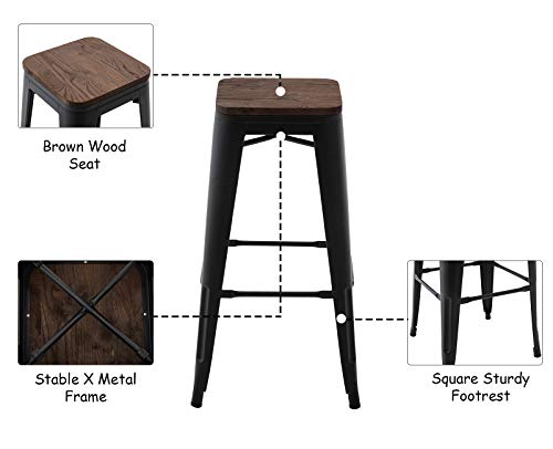 Kmax Industrial Metal Bar Stools Set - Counter Height Bar Stools Chairs Wood Seat Without Backrest Indoor Outdoor, 26", Set of 4, Black