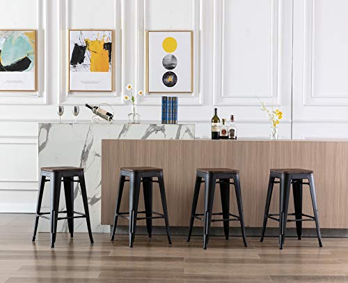Kmax Industrial Metal Bar Stools Set - Counter Height Bar Stools Chairs Wood Seat Without Backrest Indoor Outdoor, 26", Set of 4, Black