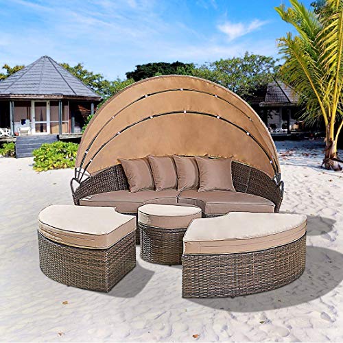 Incbruce Outdoor Daybed with Retractable Canopy, Wicker Outdoor Sectional Furniture Patio Round Daybed, All-Weather Camshell Lounger Seating Separates Cushioned Seats for Patio Backyard Pool (Brown)