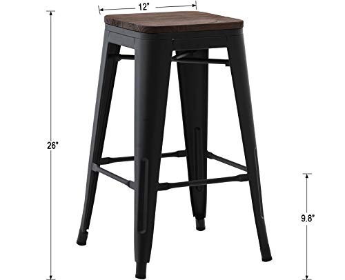 Kmax Industrial Metal Bar Stools Set - Counter Height Bar Stools Chairs Wood Seat Without Backrest Indoor Outdoor, 26", Set of 4, Black