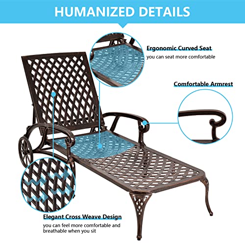 ROIYEIER Lounge Chairs for Outside, Chaise Lounge Outdoor Set of 2 Cast Aluminum with Adjustable Backrest and Moveable Wheels for Poolside Backyard Patio, Bronze