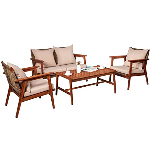LIRUXUN 4PCS Patio Rattan Furniture Set Acacia Wood Frame Cushioned Sofa Chair Garden Perfect to Be Placed in Your Patio, Poolside and Garden