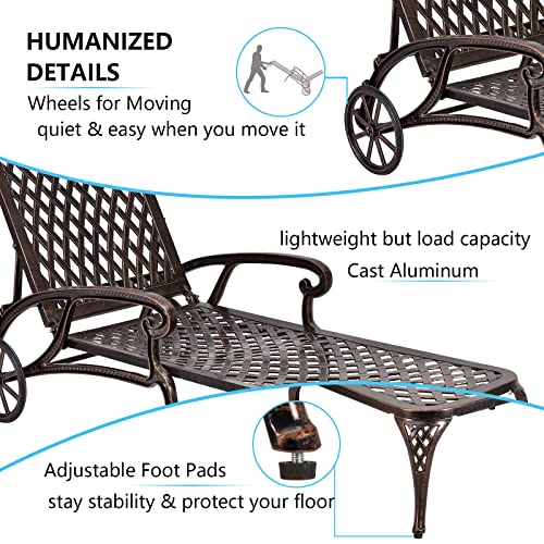 ROIYEIER Lounge Chairs for Outside, Chaise Lounge Outdoor Set of 2 Cast Aluminum with Adjustable Backrest and Moveable Wheels for Poolside Backyard Patio, Bronze
