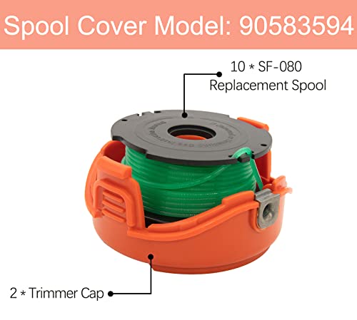 IVONNEY SF-080 Replacement Spool for Black and Decker Trimmer Spool Compatible with GH3000 LST540 LST540B GH3000R, 20-Foot 0.08-Inch Auto Feed Trimmer Line (10 Pack with 2 pcs 90583594 Caps)