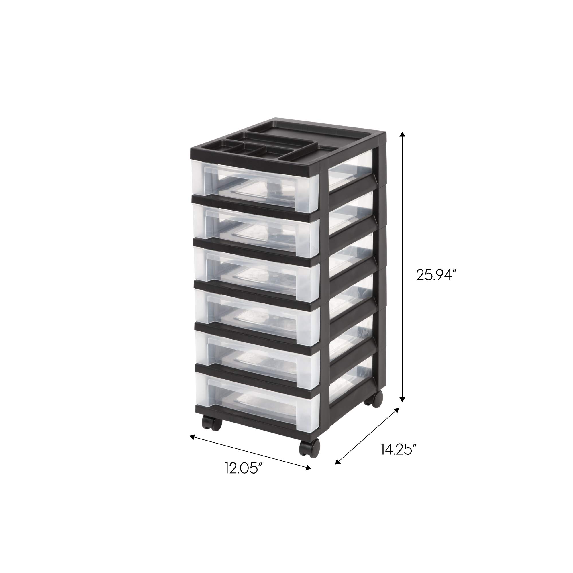 IRIS USA MC-360-TOP Plastic Storage Drawer, Rolling Cart with Organizer Top, 6 BLK CLR, Black