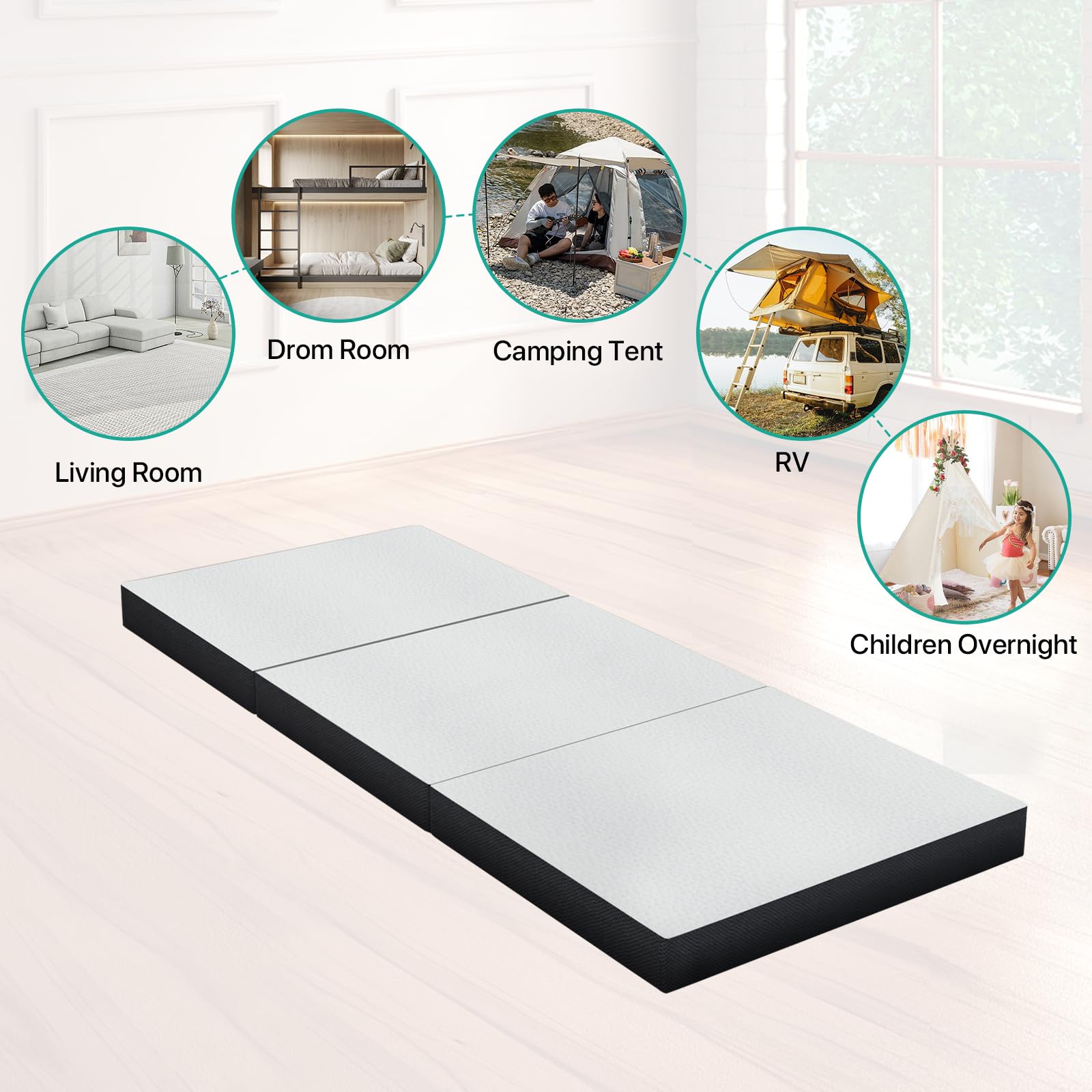 Tri-Folding Mattress, 3 Inch Foldable Gel Memory Mattress, CertiPUR-US Portable Mattress Topper with Washable Cover-Fold Foam Mattress Medium Firmness, for Travel, Camping, Sleepovers (Small Twins)