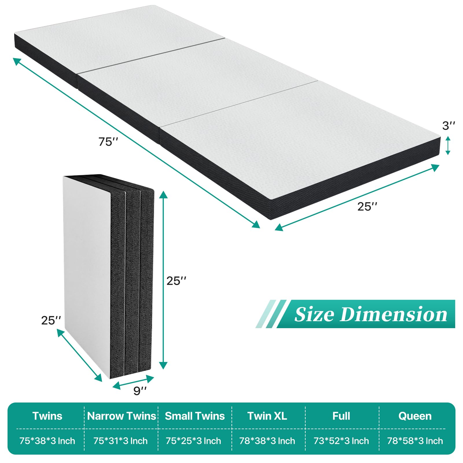 Tri-Folding Mattress, 3 Inch Foldable Gel Memory Mattress, CertiPUR-US Portable Mattress Topper with Washable Cover-Fold Foam Mattress Medium Firmness, for Travel, Camping, Sleepovers (Small Twins)