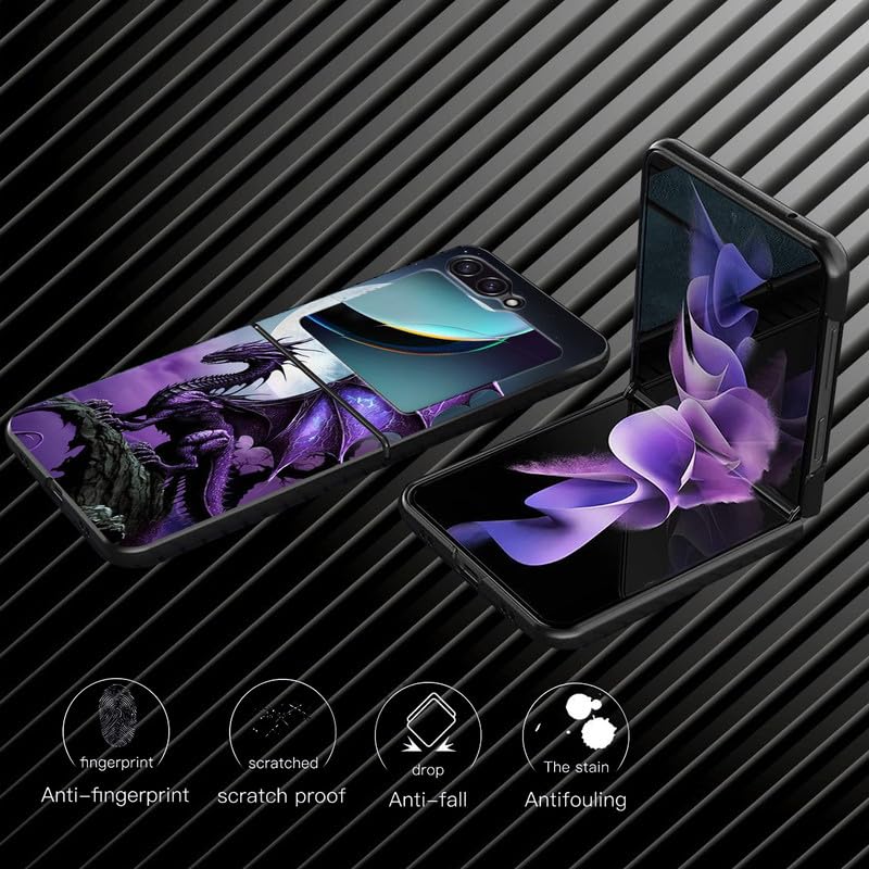 FUYOCWE for Samsung Galaxy Z Flip 5 Case,Purple Dragon Under Full Moon Pattern Cover for Women Men, Slim Fit Lightweight PU Leather Hard PC Folding Phone Case for Samsung Galaxy Z Flip 5 5G 2023