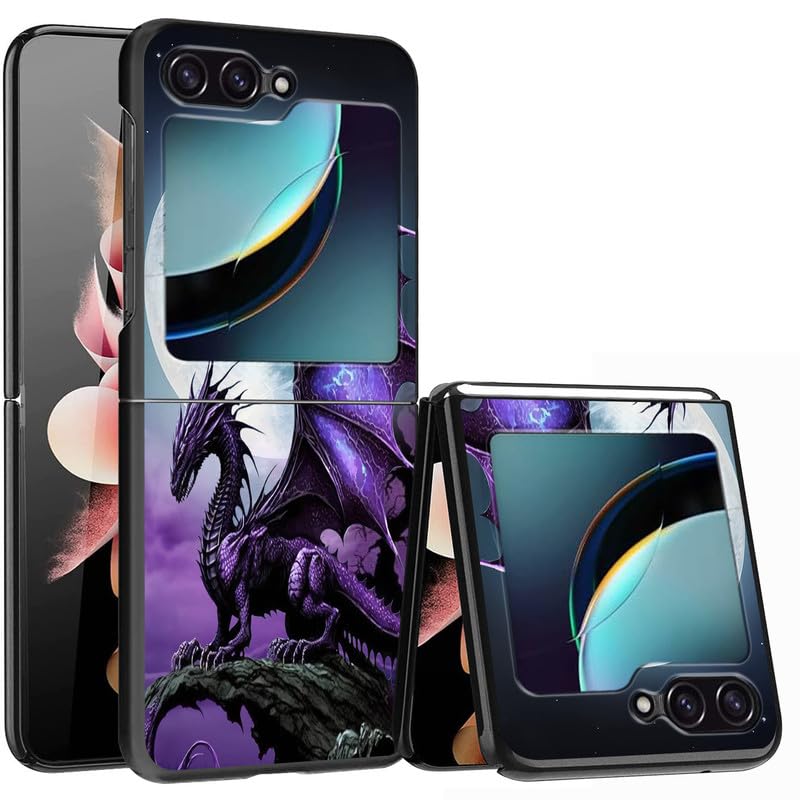 FUYOCWE for Samsung Galaxy Z Flip 5 Case,Purple Dragon Under Full Moon Pattern Cover for Women Men, Slim Fit Lightweight PU Leather Hard PC Folding Phone Case for Samsung Galaxy Z Flip 5 5G 2023