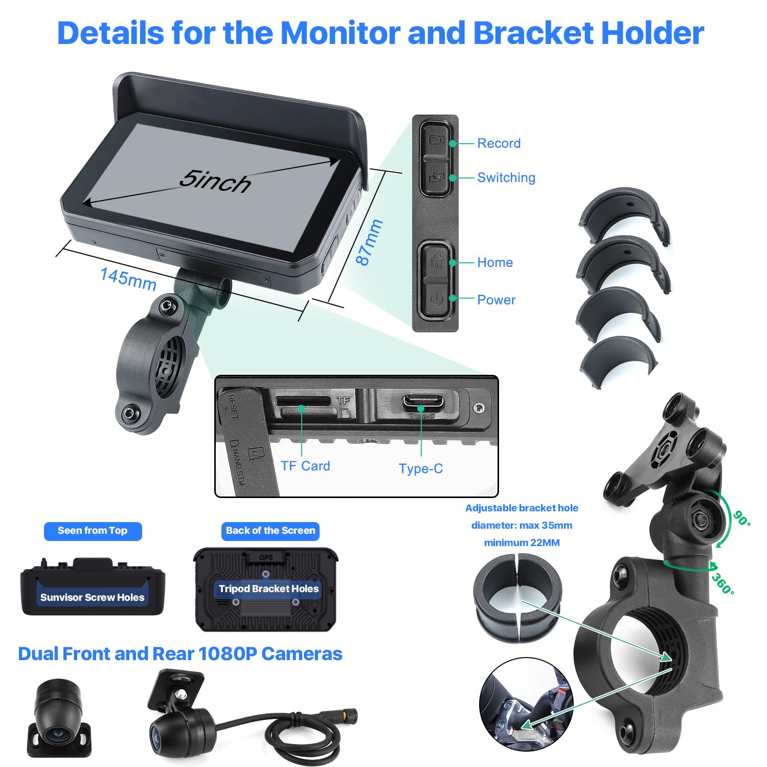 Motorcycle DVR: Wireless Apple Carplay, Android Auto, TPMS, Dual HD 1080P Cameras, GPS, G-Sensor, Siri & Google Voice, 5-Inch IPS Touch Screen, WiFi, Bluetooth, TF Card, Waterproof TTXSCAM MT01