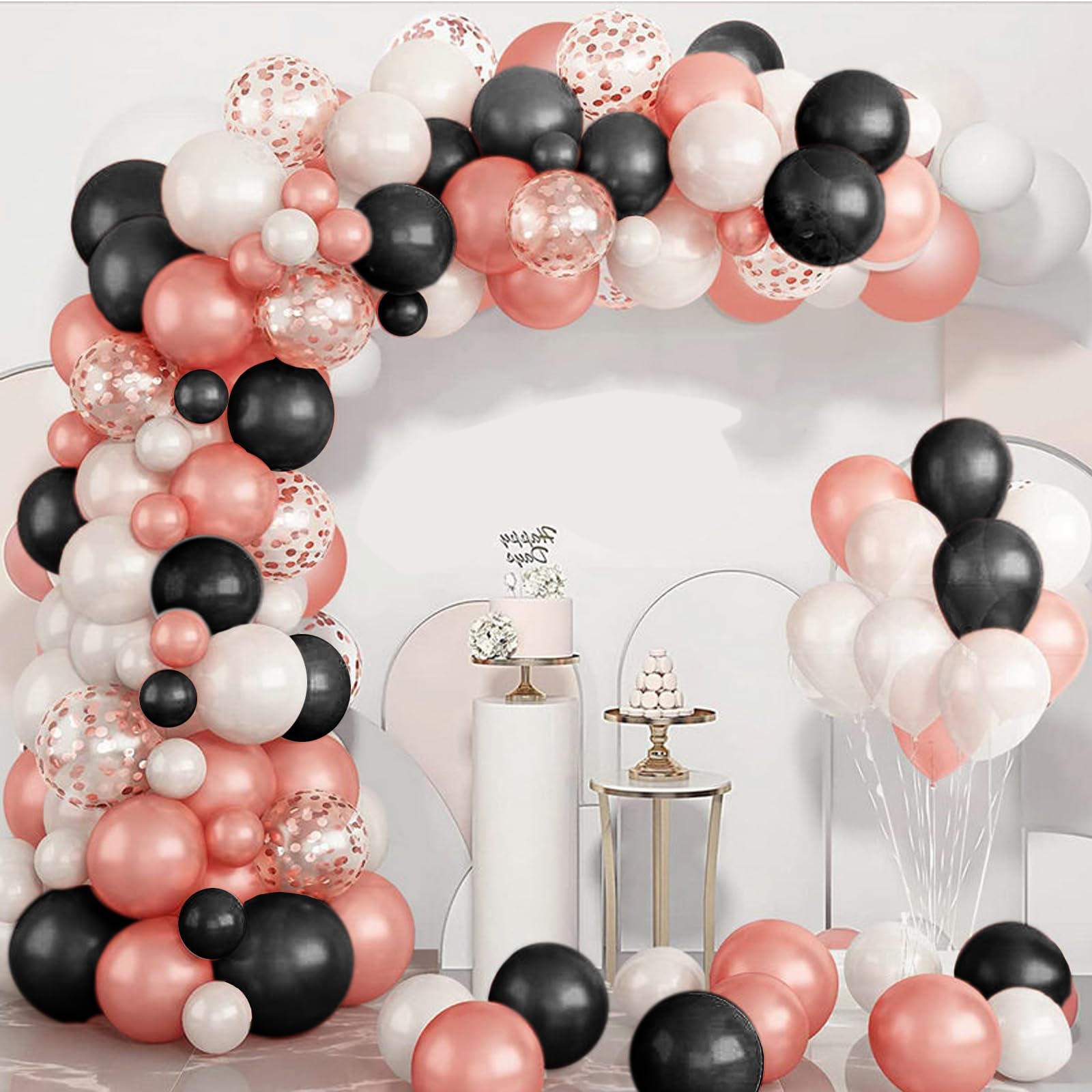 Rose Gold and Black Balloon Arch Garland Kit, 100pcs Rose Gold Black Balloons with Tape Strip & Dot Glue for Girl's Birthday Bridal Shower Mother's Day Wedding Graduation Prom Decorations Supplies
