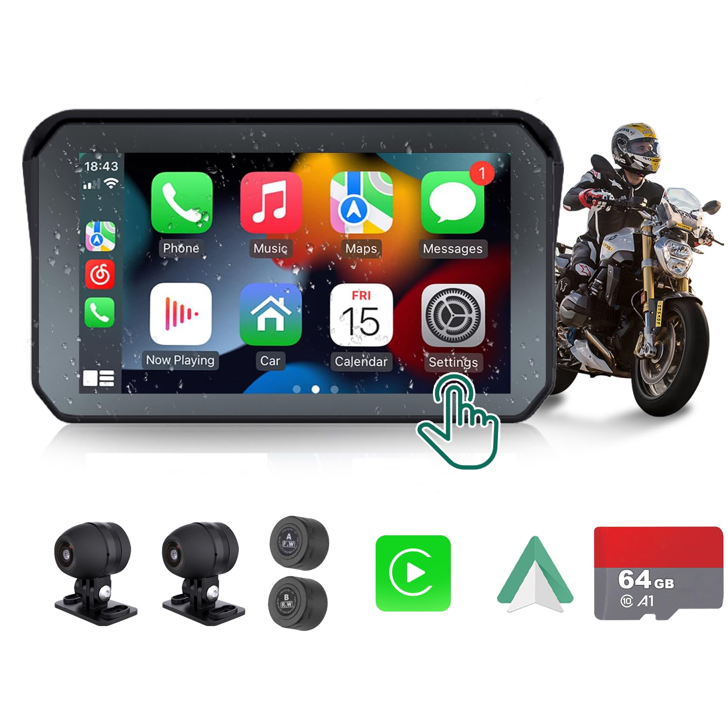 Motorcycle DVR: Wireless Apple Carplay, Android Auto, TPMS, Dual HD 1080P Cameras, GPS, G-Sensor, Siri & Google Voice, 5-Inch IPS Touch Screen, WiFi, Bluetooth, TF Card, Waterproof TTXSCAM MT01