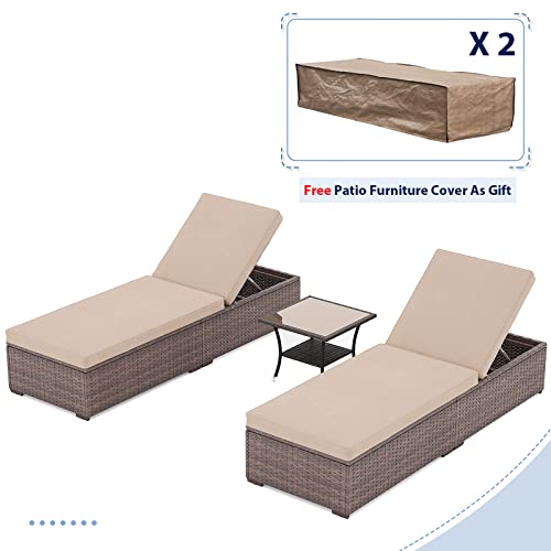JOIVI Outdoor Chaise Lounge Chair, 3 Piece Patio Pool Lounge Chairs with Coffee Table & Covers for Outside, Rattan Reclining Chaise Lounger with Adjustable Backrest and Removable Beige Cushion