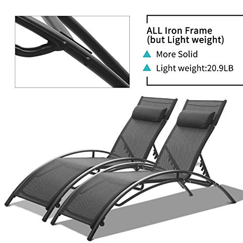 Patio Lounge Chairs Outdoor Pool Chaise Lounges Adjustable for All Weather for Beach Backyard（2-Pack Black