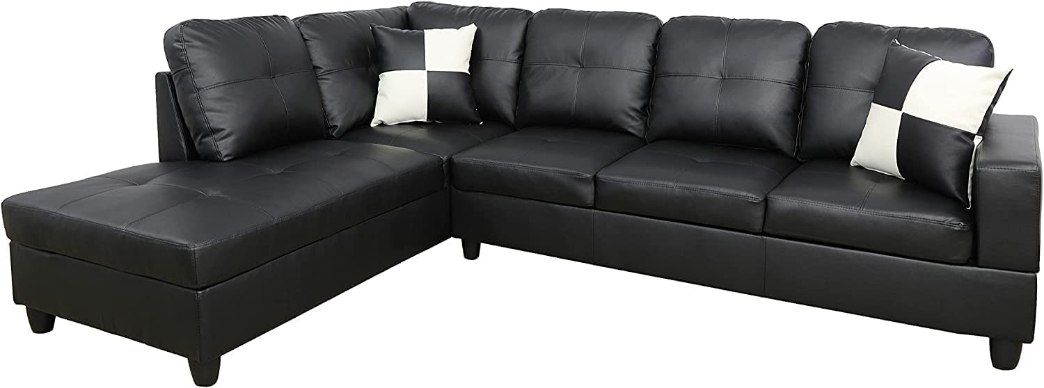 ERYE L-Shaped Corner 5 Seaters Sectional Sofa Chaise & Storage Ottoman,Modern Faux Leather Sectional&Sofa Couch with 2 Pillows for Home Office Apartment Living Room Furniture Sets, Black PU Left