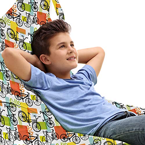 Ambesonne Bicycle Lounger Chair Bag, Bicycle Sketches Retro Style Geometric Shapes of Colors Hand-Drawn Like Lettering, High Capacity Storage with Handle Container, Lounger Size, Multicolor