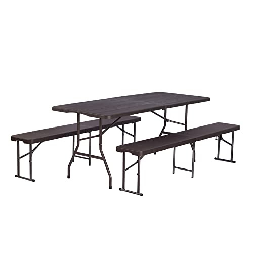 Lakhow 180 6-Foot Brown Wood Grain Folding Table Indoor and Outdoor Picnic, Barbecue, Party, Portable Folding Table with Handle, 6ft