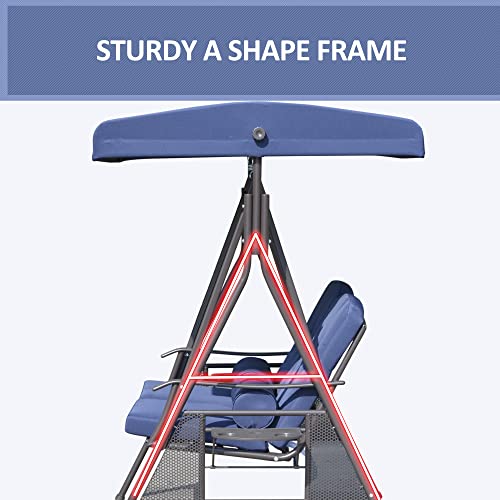 Outsunny 2 Seater Swing Chair, Garden Loveseat Swing Bench with Adjustable Canopy, Soft Cushions, Throw Pillows and Tray for Patio, Yard, Dark Blue