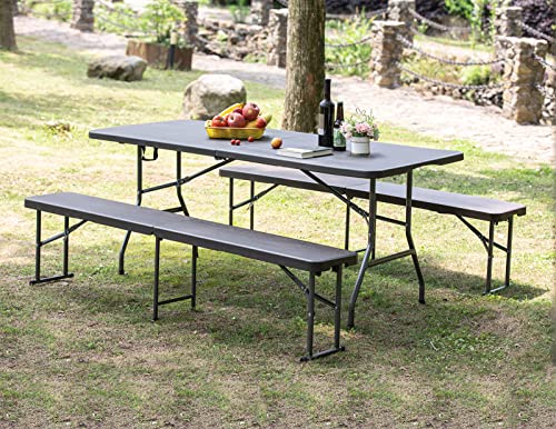 Lakhow 180 6-Foot Brown Wood Grain Folding Table Indoor and Outdoor Picnic, Barbecue, Party, Portable Folding Table with Handle, 6ft